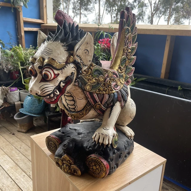 ANTIQUE BALINESE SINGHA (singa bersayap) Winged God Statue Painted Wood ...