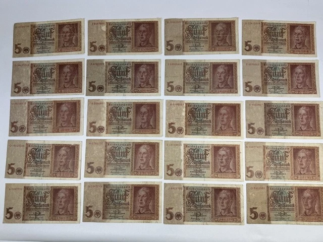 SAMMLUNG 20 STK alte BANKNOTEN 5 REICHSMARK REICHSBANKNOTE DEUTSCHES ...