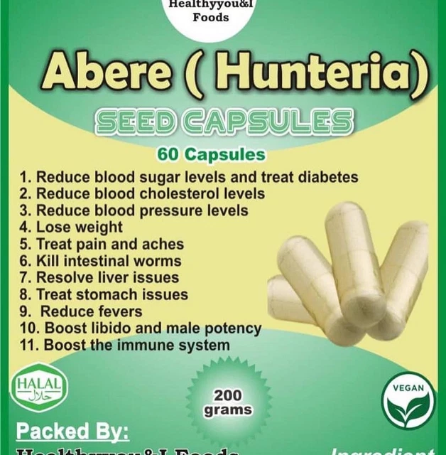 60 X ABERE Capsule (Hunteria Umbellata) 600mg Abere Seeds Powder Sugar ...