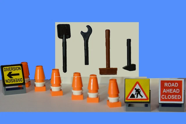 LEGO PIECES 6 traffic cones 3 road signs tools broom shovel NEW £5.49 ...