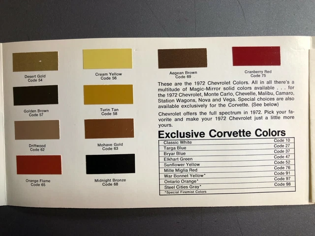 1972 CHEVROLET COLOR Chart Showroom Sales Folder / Brochure RARE ...