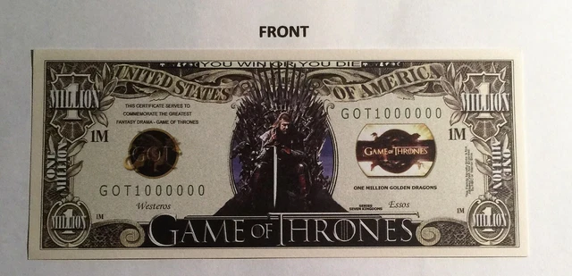 FULL SET OF 4 Game Of Thrones Rare $1,000,000 Novelty Notes, TV Shows ...
