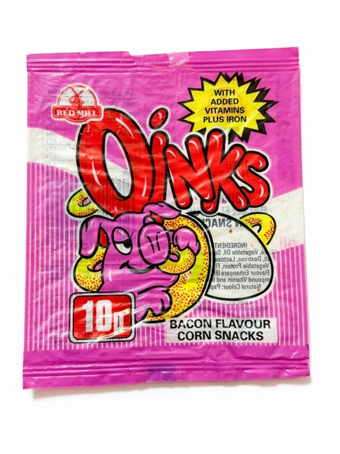 VINTAGE CRISP PACKET Red Mill Oinks Bacon Flavour Corn Snacks 1997 £1. ...