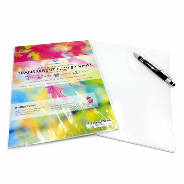 10 SHEETS A4 Transparent Vinyl Sticker Paper Clear Glossy Inkjet ...