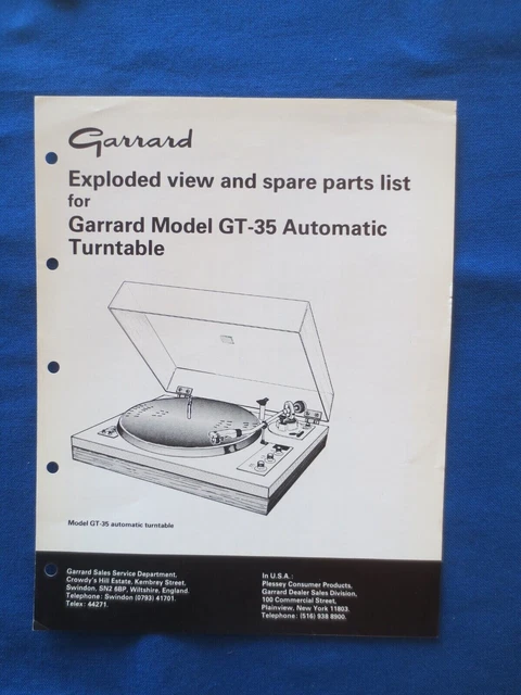GARRARD GT-35 TURNTABLE Exploded View Spare Parts List Manual Factory ...