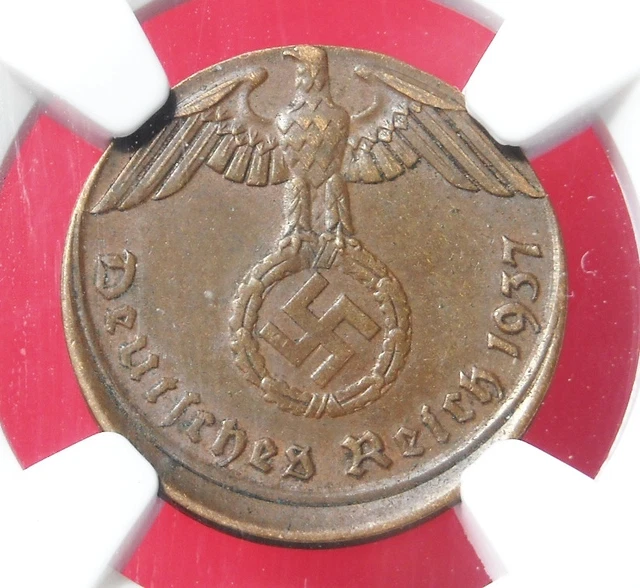 NGC NAZI SWASTIKA ERROR COIN AU-58 1937-A 1 ReichsPfennig-Germany 3rd ...