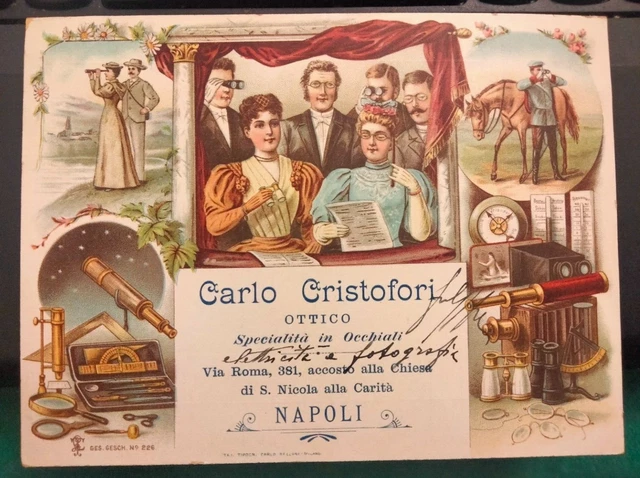 1900 CROMOLITOGRAFIA PUBBLICITA' Ottico Carlo Cristofori Napoli Via ...