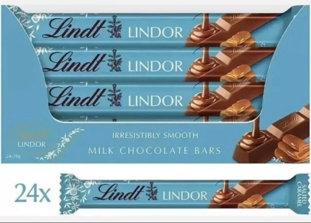 LINDT LINDOR SALTED Caramel Chocolate Bar 38g Pack of 24 £25.99 ...