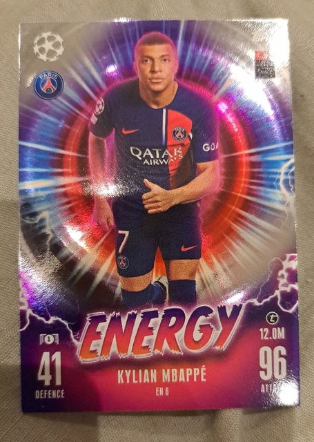 TOPPS MATCH ATTAX 2023/2024 Kylian Mbappe ENERGY CARD Pack Fresca RARA ...