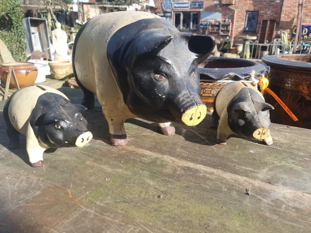 VINTAGE LARGE HEAVY Cast Iron Pig Money Box Trio Saddleback Pig £285.00 ...
