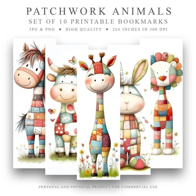 10 PATCHWORK ANIMALS Printable Bookmarks Set, Digital Download JPG Bookmark, PNG EUR 2,00 ...