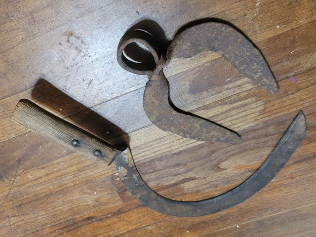 ANTIQUE HAND SICKLE Scythe and Two Prong Weeding Hoe Rustic Farm Decor ...