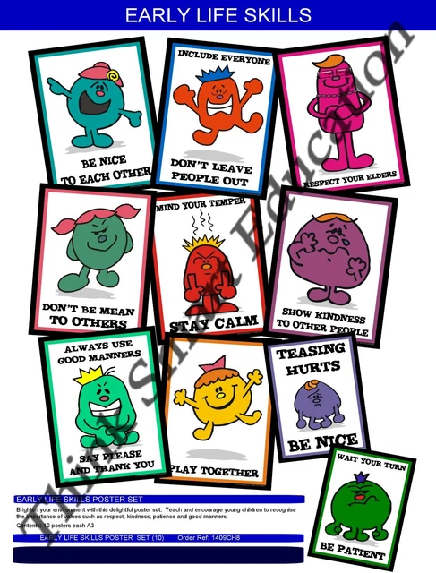 EARLY LIFE SKILLS Values Kindness School Educational Poster Set (10) A3 ...