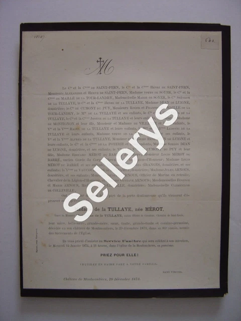 FAIRE PART DE décès de Madame de LA TULLAYE née Mérot Château de Montmoutiers EUR 24,90 ...