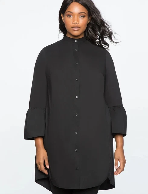 $65 ELOQUII MANDARIN Collar Button-Down Hi Lo Flared Sleeve Tunic Shirt ...