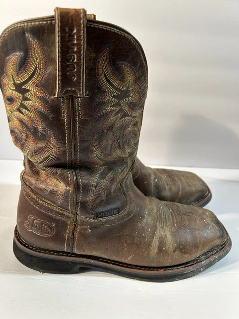 JUSTIN STEEL TOE Work Boots Mens 10EE Brown Leather Western Cowboy EH ...