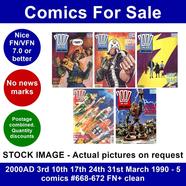 2000AD 3RD 10TH 17th 24th 31st March 1990 - 5 comics #668-672 FN+ clean ...
