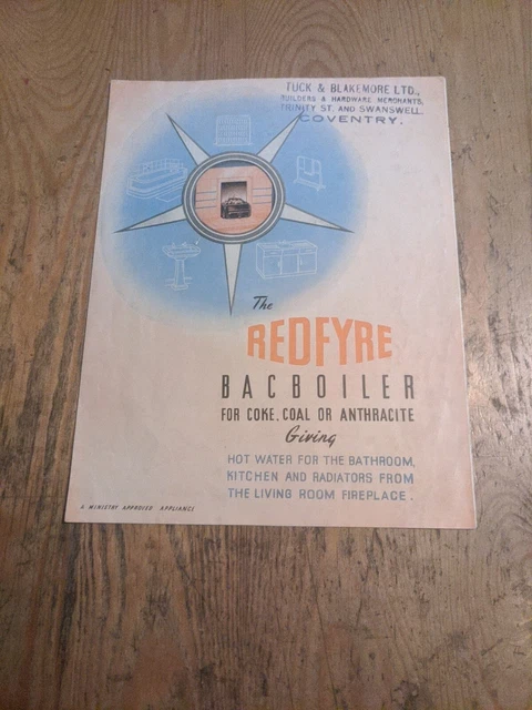 VINTAGE ORIGINAL REDFYRE BACBOILER HEATING LEAFLET NEWTON CHAMBERS ...