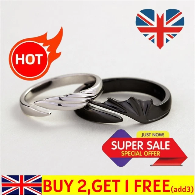 NUOVO 2PZ/SET ANELLI Promessa Regolabili Aperti Angelo Diavolo ...