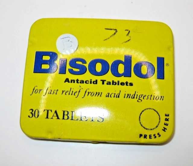 VINTAGE BISODOL ANTACID Tablets Tin Box 30 Tablets Press Here Button ...