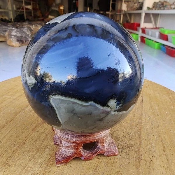 865G RARE NATURAL blue Volcanic Rock agate Sphere Quartz Crystal Ball ...