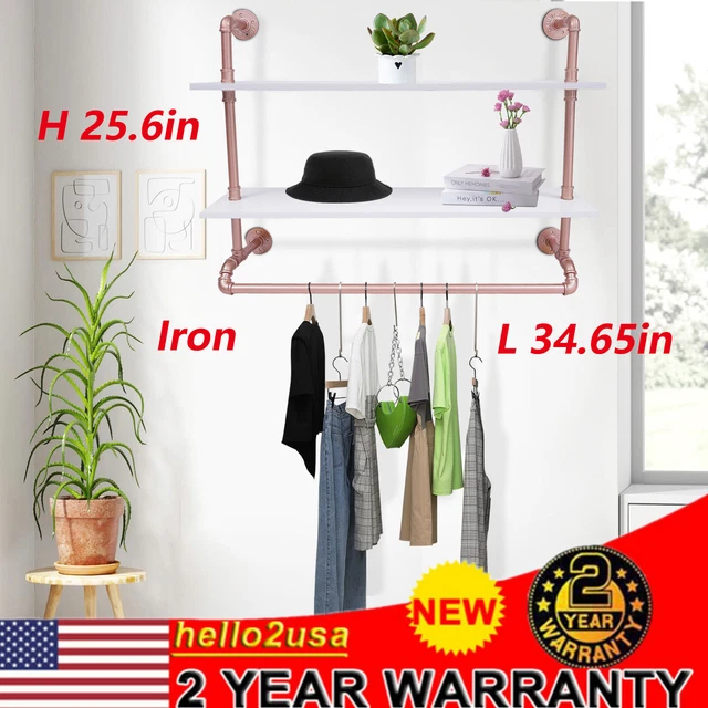 INDUSTRIAL PIPE GARMENT Rack with Double Tier shelves Wall-Mounted ...