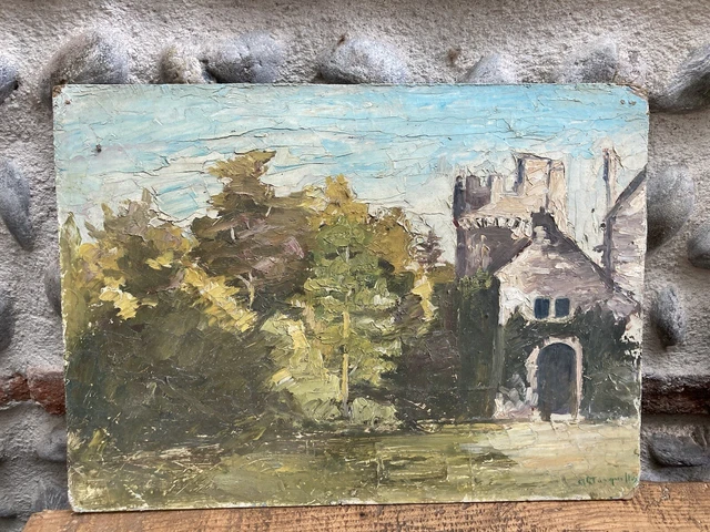 TRÈS BELLE Peinture Huile Panneau 1940 Paysage Maison Forêt Tusquellas ...