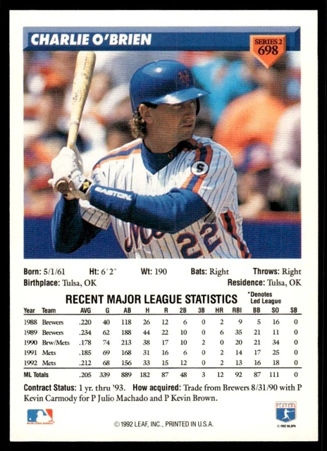 1993 DONRUSS BASEBALL Card Charlie O'Brien Mets de New York #698 EUR 1 ...
