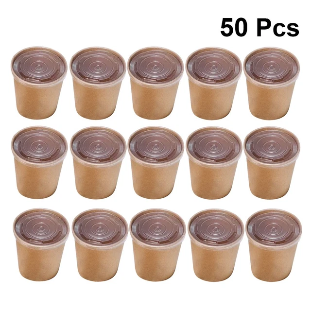 50 PCS KRAFT Paper Soup Cup Thicken Oil-proof Round Container with Lid ...