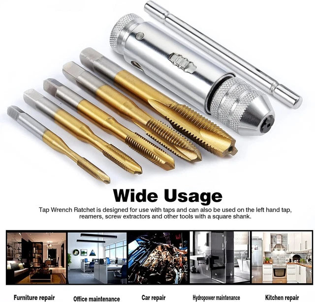 5PCS ADJUSTABLE T-HANDLE Ratchet Tap Holder Wrench Tool Set with M3 M4 ...