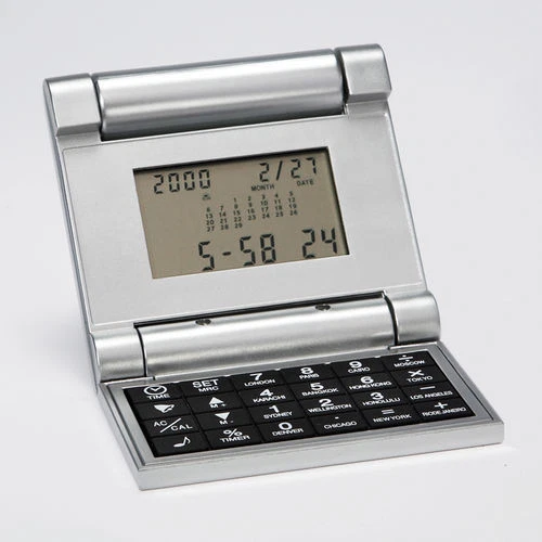 BROOKSTONE FLIP CALCULATOR With World Clock, Calendar and Alarm M etal ...