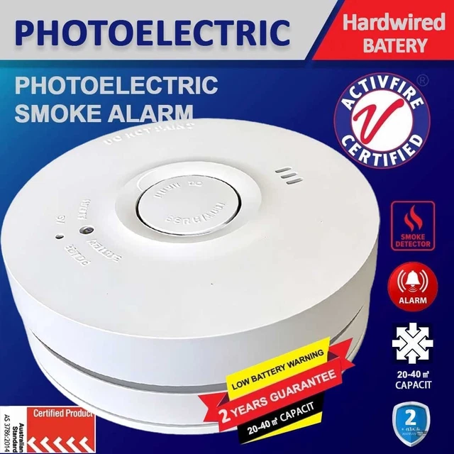 240V SMOKE ALARM Photoelectric Activfire Certified Hard Wired With 9V ...
