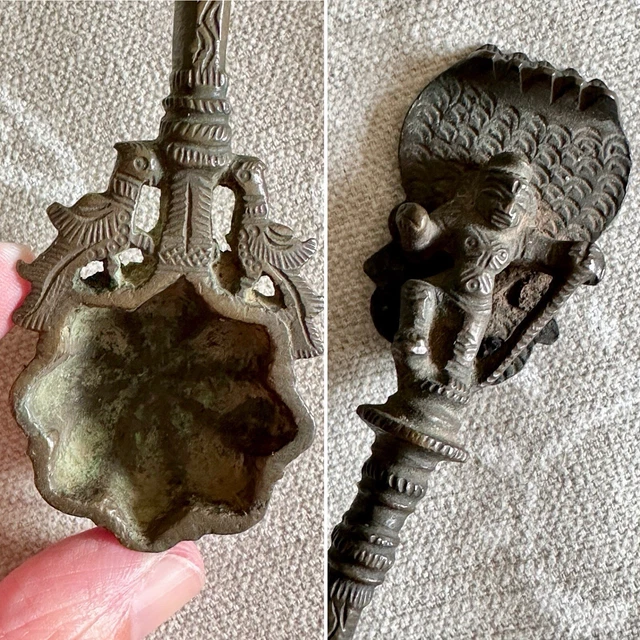 ANTIQUE INDIAN BRONZE Ceremonial Puja Figural Deity Ritual Temple Spoon ...