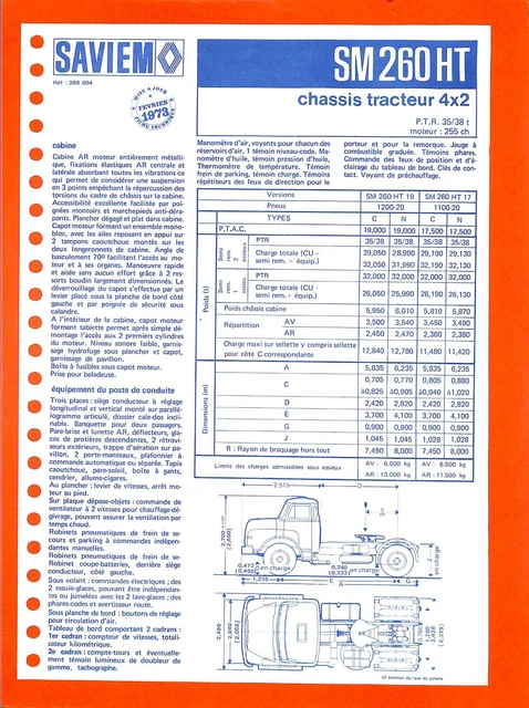 SAVIEM / FICHE TECHNIQUE / CHASSIS TRACTEUR SM 260 HT A de 1973 EUR 4 ... SAVIEM / FICHE TECHNIQUE / CHASSIS TRACTEUR SM 260 HT A de 1973 EUR 4 ...
