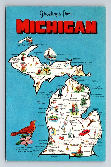 PICTORIAL TOURIST MAP Greetings From State of Michigan MI Postcard £2. ...