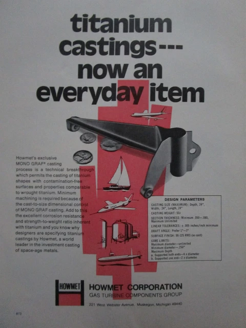 11/1973 PUB HOWMET Gas Turbines Components Mono Graph Casting Titanium ...