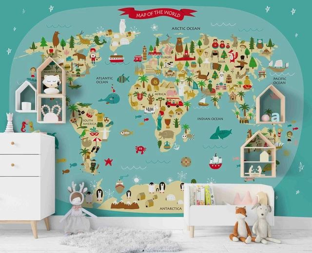 3D CARTOON ANIMAL World Map Wallpaper Wall Mural Removable Self ...