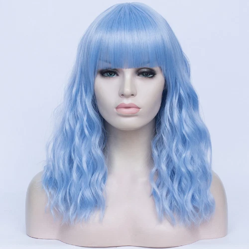 WOMEN SYNTHETIC BLUE Wig with Cute Bangs Long Wavy Hair Party Cosplay ...