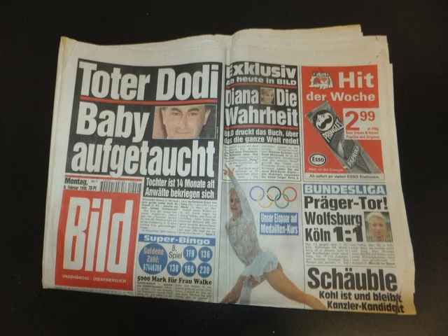 BILD ZEITUNG 9.2.1998 Februar Diana und Dodi, Falco Geburtstag ...