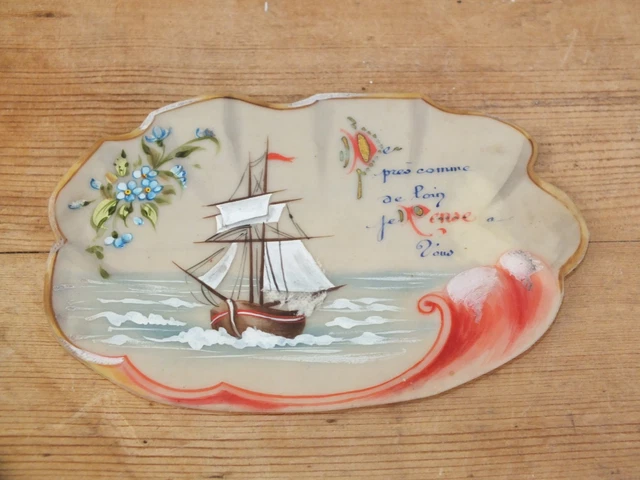 ANCIENNE CARTE DE pensées - gouachée - voilier - en bakélite ou rhodoïd ...