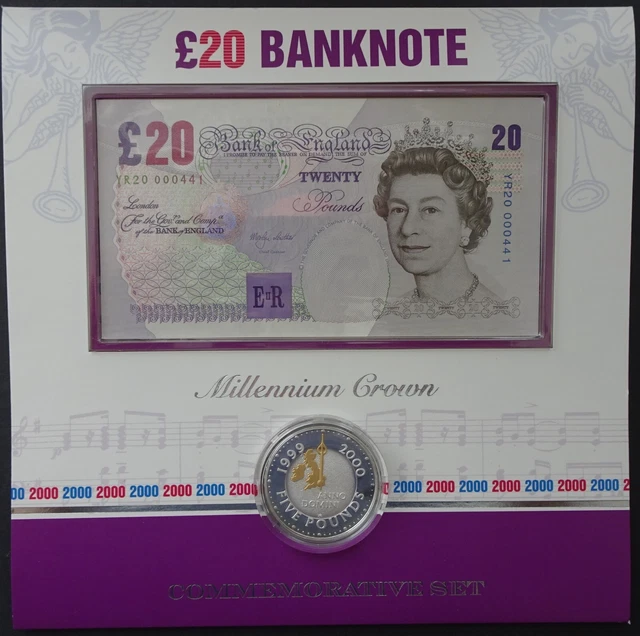 QEII 2000 MILLENNIUM B/UNC £20 Banknote & .999 fine silver 5 pound coin ...