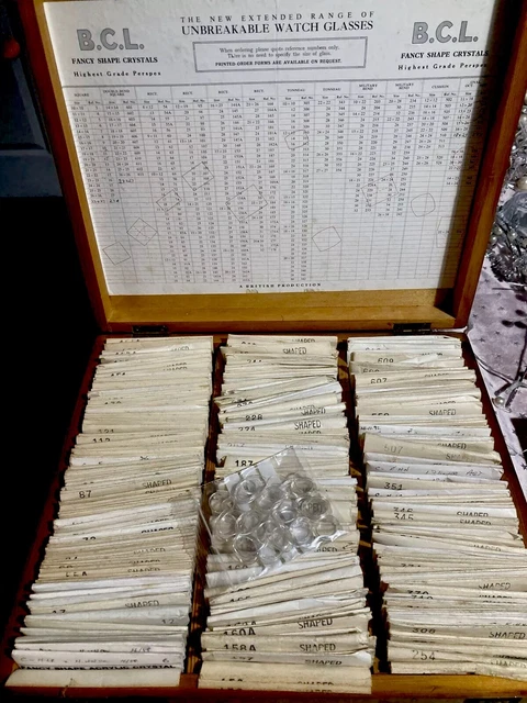 VINTAGE B.C.L Watch Glass / Fancy Shaped Crystals In Wooden Case £129. ...