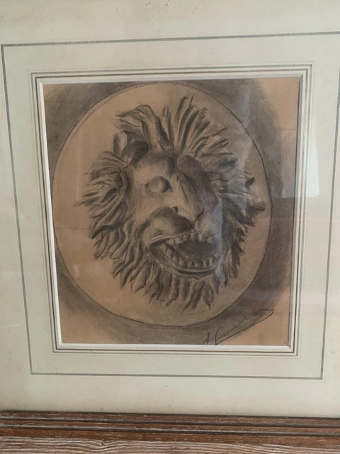 ANTIQUE PENCIL DRAWING lyon face grotesque mascaron teeth smile signed ...