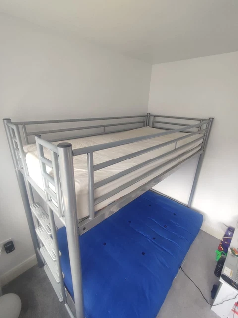 METAL BUNK BED Frame with Built-In Ladder, Silver/Grey Finish - 48hr ...