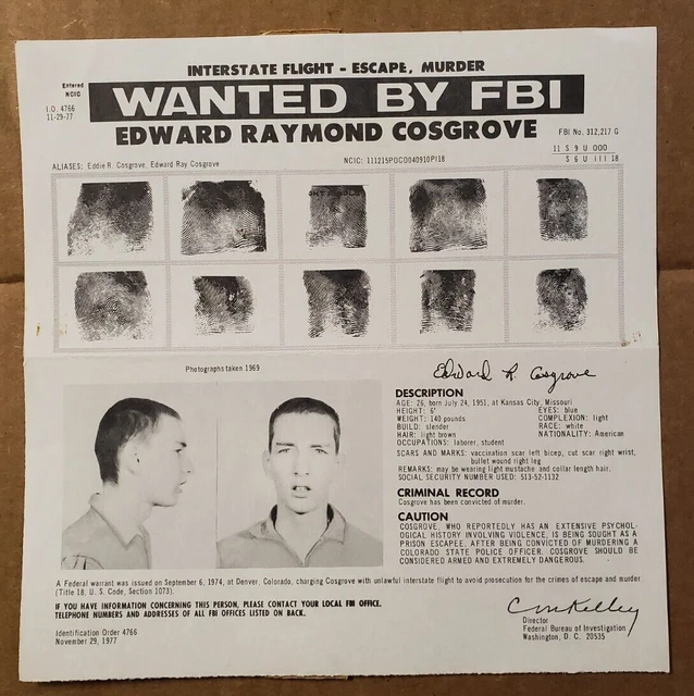RARE VINTAGE 1977 FBI WANTED Poster-Edward Raymond Cosgrove(Escapee ...