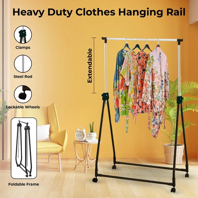 HEAVY DUTY CLOTHES Hanging Rail Foldable Garment Rack On Wheels ...