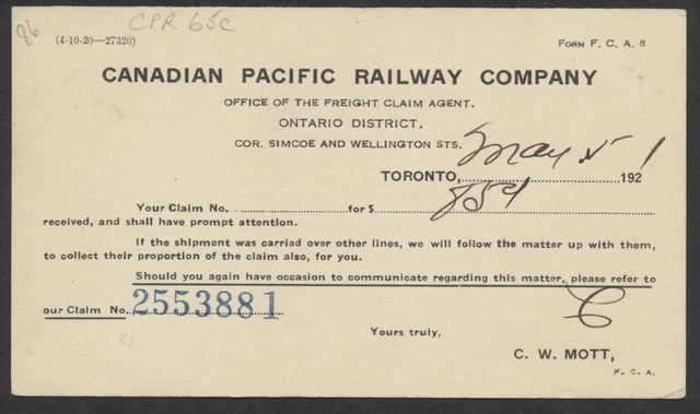 1921 CPR 65C 2c Admiral Sepia View Card Algonquin Hotel Freight Claim ...
