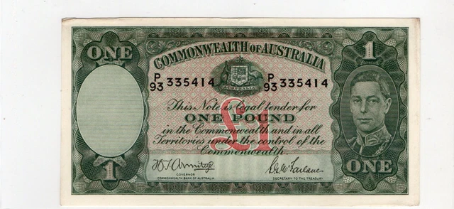 1942 PRE-DECIMAL £1 ONE pound banknote Australia ARMITAGE/McFARLANE aEF ...