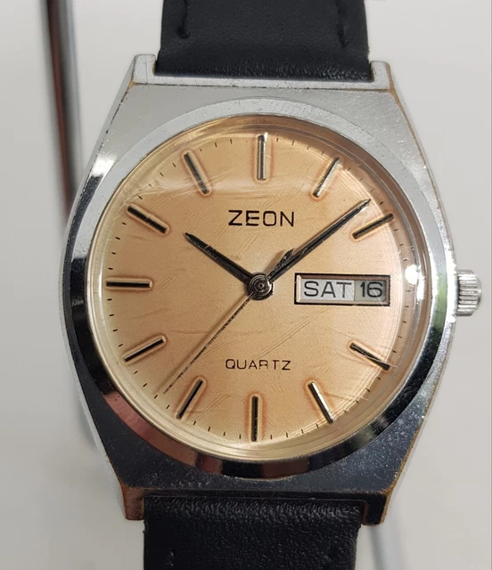 VINTAGE ZEON MENS Watch Salmon Dial Day Date Quartz New Battery £19.99 ...