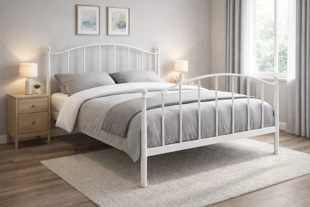 WHITE METAL DOUBLE Bed Frame £83.90 - PicClick UK